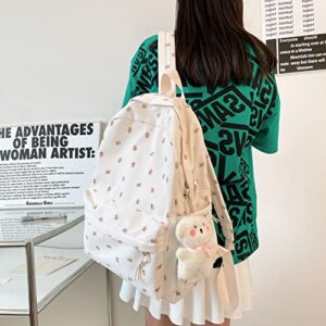 kakarin choyx Kawaii Backpack Mori Art Floral Backpack With Pendant 16.1 Inch Aesthetic Backpack Cute Backpack Classic Casual Computer Backpack (White)