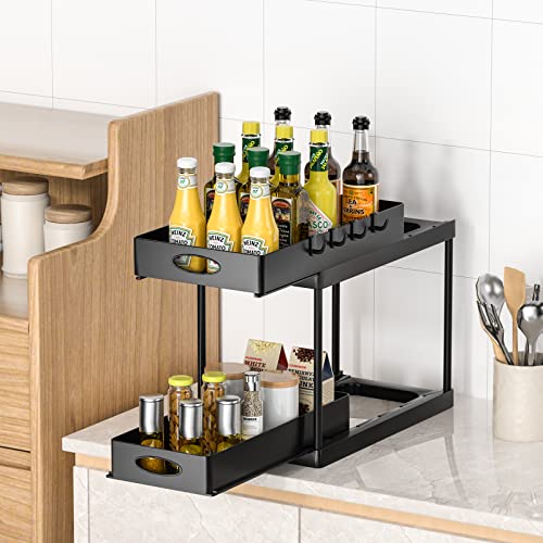 Aojia Under Sink Organizer with 2 Sliding Drawers, Bathroom Organizer Under Cabinet, Pull-out Under Sink Storage，Under Cabinet Storage for Kitchen and Bathroom