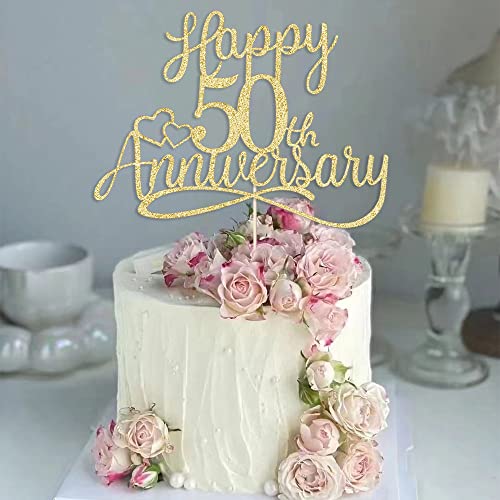 Sleyberoy Glitter Happy 50th Anniversary Cake Toppers -Wedding Anniversary Party Decorations, 50th Wedding Anniversary, Company Anniversary Party, Birthday Party Decorations (50thGold)（Fifty）