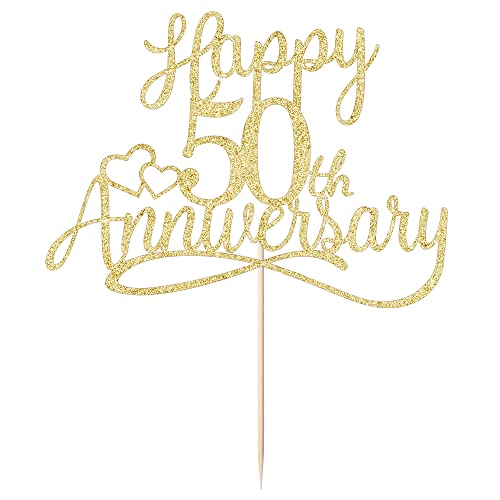 Sleyberoy Glitter Happy 50th Anniversary Cake Toppers -Wedding Anniversary Party Decorations, 50th Wedding Anniversary, Company Anniversary Party, Birthday Party Decorations (50thGold)（Fifty）