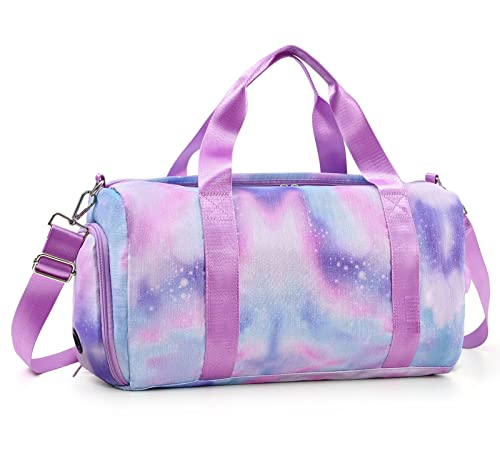 RUGICI Dance Bag for Girls Kids Travel Duffel Bags Waterproof Sports Gym Bag for Women, Tie-dye Teen Overnight Duffel Bag with Shoe Compartment Ballet Small Gym Bag（Silver Purple）