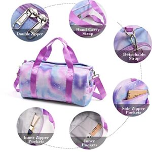 RUGICI Dance Bag for Girls Kids Travel Duffel Bags Waterproof Sports Gym Bag for Women, Tie-dye Teen Overnight Duffel Bag with Shoe Compartment Ballet Small Gym Bag（Silver Purple）