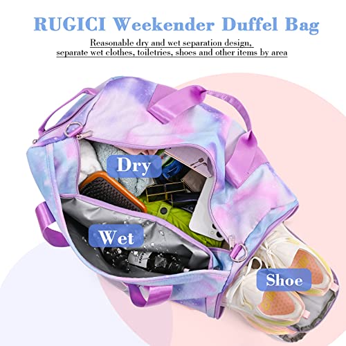 RUGICI Dance Bag for Girls Kids Travel Duffel Bags Waterproof Sports Gym Bag for Women, Tie-dye Teen Overnight Duffel Bag with Shoe Compartment Ballet Small Gym Bag（Silver Purple）