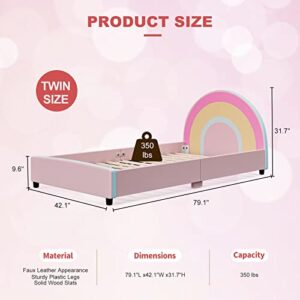 IKIFLY Twin Size Kids Bed, Children Upholstered Twin Platform Bed Frame with Curved Headboard, Pink Toddler Bed for Boys & Girls, Teens, No Box Spring Needed - Rainbow Design