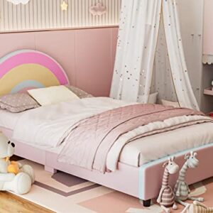 IKIFLY Twin Size Kids Bed, Children Upholstered Twin Platform Bed Frame with Curved Headboard, Pink Toddler Bed for Boys & Girls, Teens, No Box Spring Needed - Rainbow Design