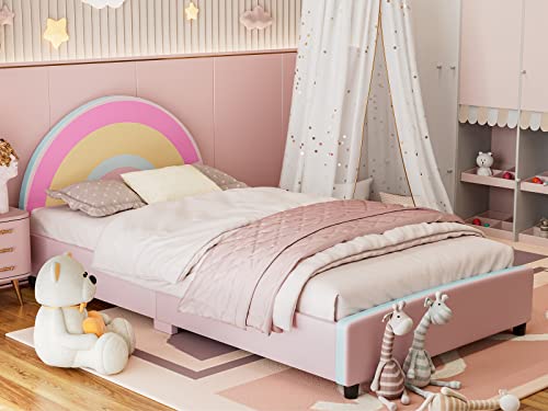 IKIFLY Twin Size Kids Bed, Children Upholstered Twin Platform Bed Frame with Curved Headboard, Pink Toddler Bed for Boys & Girls, Teens, No Box Spring Needed - Rainbow Design