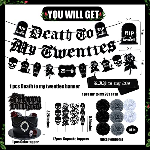 30th Birthday Decorations Pack, Death to My 20s Party Supplies Including Birthday Banner Rip to My 20s Sash Number 30 Balloon Cake Cupcake Toppers Funeral for My Youth Funny Thirtieth Birthday Party