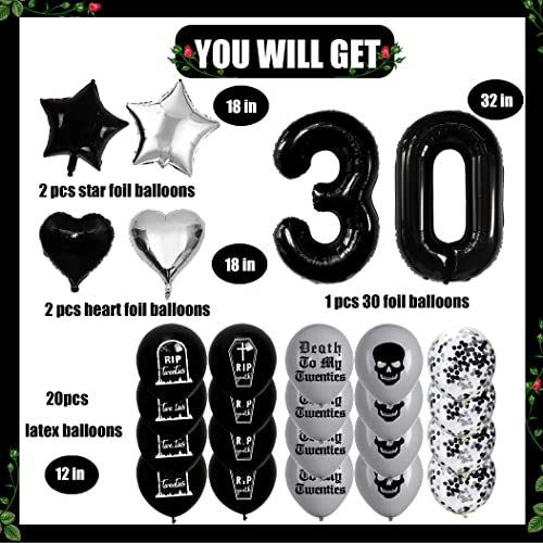 30th Birthday Decorations Pack, Death to My 20s Party Supplies Including Birthday Banner Rip to My 20s Sash Number 30 Balloon Cake Cupcake Toppers Funeral for My Youth Funny Thirtieth Birthday Party