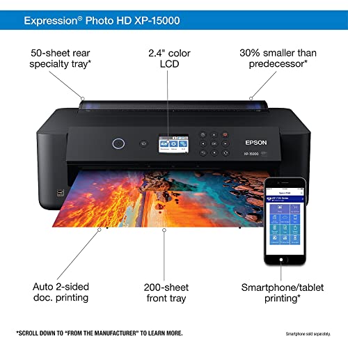 Epson Expression Photo HD XP-15000 Wide-Format Wireless Color Inkjet Printer with 6-Color Ultra HD Inks, Black - Print only - 2.4" LCD, 5760 x 1440 dpi, Auto 2-Sided Printing, Ethernet - DAODYANG