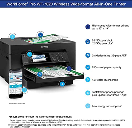 Epson Workforce Pro WF-7820 Wide-Format Wireless All-in-One Color Inkjet Printer, Black - Print Scan Copy Fax - 4.3" Touchscreen, 25 ppm, 4800 x 2400 dpi, Auto Duplex, 13"x19", 50-Sheet ADF, DAODYANG