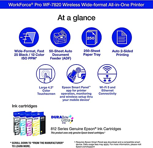 Epson Workforce Pro WF-7820 Wide-Format Wireless All-in-One Color Inkjet Printer, Black - Print Scan Copy Fax - 4.3" Touchscreen, 25 ppm, 4800 x 2400 dpi, Auto Duplex, 13"x19", 50-Sheet ADF, DAODYANG