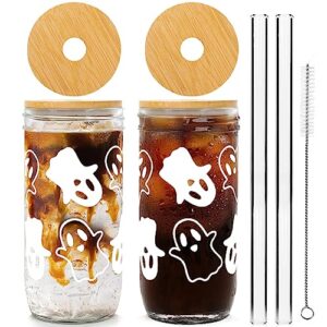 halloween cups, ghost decor 24oz halloween mug mason jar glass cups with lids and straws ghost tumblers coffee cups cookie jar glasses halloween glassware drinking glasses halloween decorations indoor