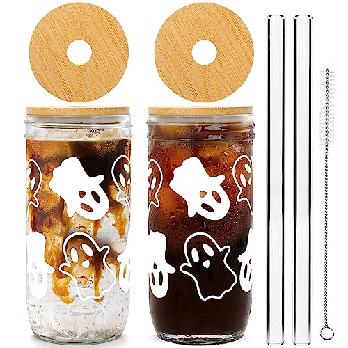 Halloween Cups, Ghost Decor 24oz Halloween Mug Mason Jar Glass Cups with Lids and Straws Ghost Tumblers Coffee Cups Cookie Jar Glasses Halloween Glassware Drinking Glasses Halloween Decorations Indoor