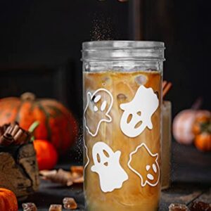 Halloween Cups, Ghost Decor 24oz Halloween Mug Mason Jar Glass Cups with Lids and Straws Ghost Tumblers Coffee Cups Cookie Jar Glasses Halloween Glassware Drinking Glasses Halloween Decorations Indoor