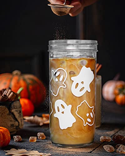 Halloween Cups, Ghost Decor 24oz Halloween Mug Mason Jar Glass Cups with Lids and Straws Ghost Tumblers Coffee Cups Cookie Jar Glasses Halloween Glassware Drinking Glasses Halloween Decorations Indoor