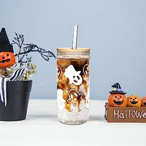 Halloween Cups, Ghost Decor 24oz Halloween Mug Mason Jar Glass Cups with Lids and Straws Ghost Tumblers Coffee Cups Cookie Jar Glasses Halloween Glassware Drinking Glasses Halloween Decorations Indoor