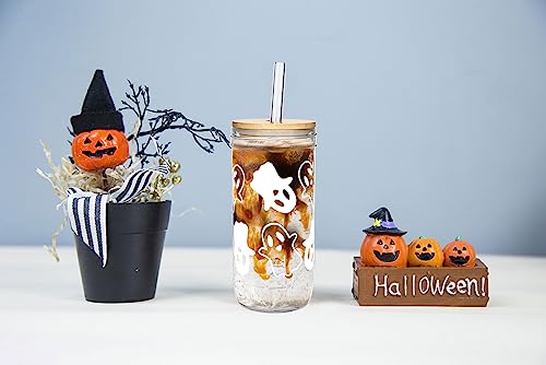 Halloween Cups, Ghost Decor 24oz Halloween Mug Mason Jar Glass Cups with Lids and Straws Ghost Tumblers Coffee Cups Cookie Jar Glasses Halloween Glassware Drinking Glasses Halloween Decorations Indoor