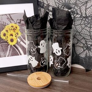 Halloween Cups, Ghost Decor 24oz Halloween Mug Mason Jar Glass Cups with Lids and Straws Ghost Tumblers Coffee Cups Cookie Jar Glasses Halloween Glassware Drinking Glasses Halloween Decorations Indoor