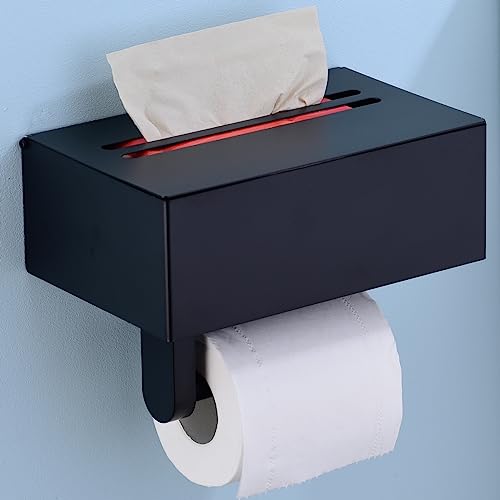 TRUSTMI Toilet Paper Holder with Storage Phone Standing Shelf Tisuse Box Cover Wall Mounted Square Bathroom Wet Wipe Facial Organizer, Matte Black