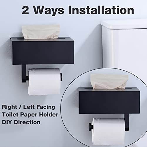 TRUSTMI Toilet Paper Holder with Storage Phone Standing Shelf Tisuse Box Cover Wall Mounted Square Bathroom Wet Wipe Facial Organizer, Matte Black