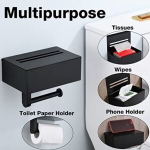 TRUSTMI Toilet Paper Holder with Storage Phone Standing Shelf Tisuse Box Cover Wall Mounted Square Bathroom Wet Wipe Facial Organizer, Matte Black