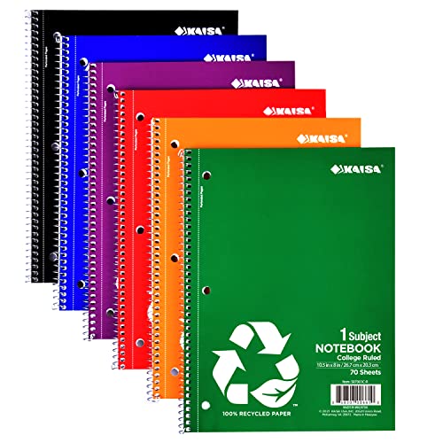 KAISA 1 Subject Notebook Spiral Notebooks, College Ruled 70 Sheet 10.5x8 Recycled Paper Notebooks For School Students Office, 6Pads,S07001C-R