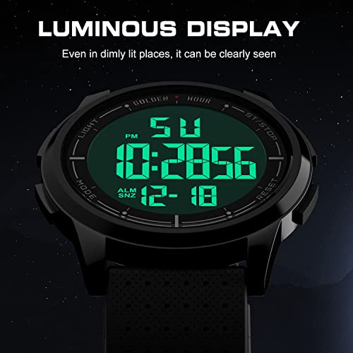 GOLDEN HOUR Ultra-Thin Minimalist Sports Waterproof Digital Watches Men with Wide-Angle Display Rubber Strap Alloy Steel Case Wrist Watch for Men Women in Black