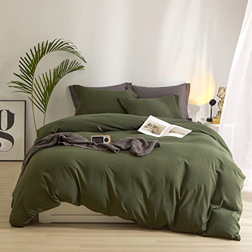 ROOMLIFE Cozy Pre-Washed Olive Green Duvet Covers Queen Size - Soft Washed Bed Set Boho Army Green Beding for All Season, 1 Comfy Comforter Cover with Zipper Closure and 2 Pillow Shams