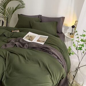 ROOMLIFE Cozy Pre-Washed Olive Green Duvet Covers Queen Size - Soft Washed Bed Set Boho Army Green Beding for All Season, 1 Comfy Comforter Cover with Zipper Closure and 2 Pillow Shams