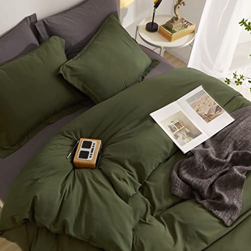 ROOMLIFE Cozy Pre-Washed Olive Green Duvet Covers Queen Size - Soft Washed Bed Set Boho Army Green Beding for All Season, 1 Comfy Comforter Cover with Zipper Closure and 2 Pillow Shams