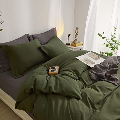 ROOMLIFE Cozy Pre-Washed Olive Green Duvet Covers Queen Size - Soft Washed Bed Set Boho Army Green Beding for All Season, 1 Comfy Comforter Cover with Zipper Closure and 2 Pillow Shams