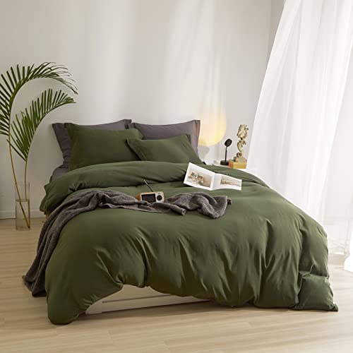 ROOMLIFE Cozy Pre-Washed Olive Green Duvet Covers Queen Size - Soft Washed Bed Set Boho Army Green Beding for All Season, 1 Comfy Comforter Cover with Zipper Closure and 2 Pillow Shams