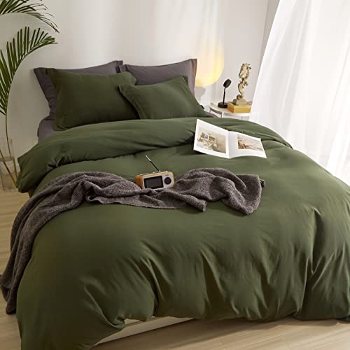 ROOMLIFE Cozy Pre-Washed Olive Green Duvet Covers Queen Size - Soft Washed Bed Set Boho Army Green Beding for All Season, 1 Comfy Comforter Cover with Zipper Closure and 2 Pillow Shams