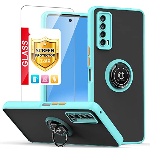 TJS for TCL Stylus 5G 2022 Case, with Tempered Glass Screen Protector, Metal Ring Kickstand Magnetic Support Drop Protective Phone Case Cover (Light Blue)