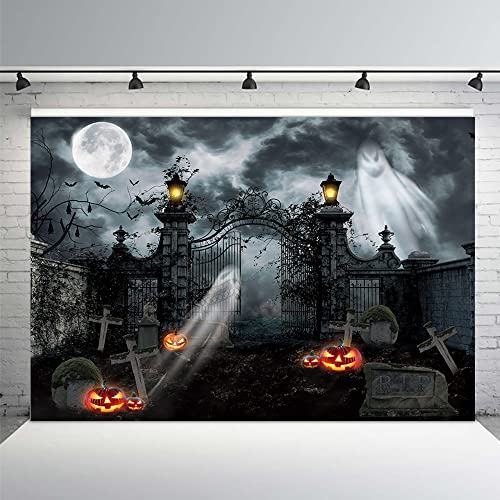 MEHOFOND 7x5ft Halloween Haunted Graveyard Photography Backdrop Gothic Night Ghost Lantern Spooky Terror Desolate Cemetery Gate Mist Background Horror Party Banner Decorations Kid Shoot Booth Props