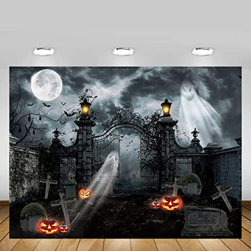 MEHOFOND 7x5ft Halloween Haunted Graveyard Photography Backdrop Gothic Night Ghost Lantern Spooky Terror Desolate Cemetery Gate Mist Background Horror Party Banner Decorations Kid Shoot Booth Props