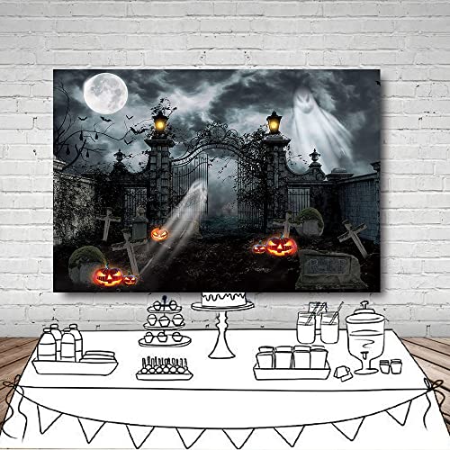 MEHOFOND 7x5ft Halloween Haunted Graveyard Photography Backdrop Gothic Night Ghost Lantern Spooky Terror Desolate Cemetery Gate Mist Background Horror Party Banner Decorations Kid Shoot Booth Props