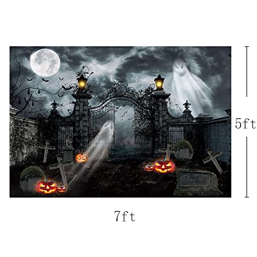 MEHOFOND 7x5ft Halloween Haunted Graveyard Photography Backdrop Gothic Night Ghost Lantern Spooky Terror Desolate Cemetery Gate Mist Background Horror Party Banner Decorations Kid Shoot Booth Props