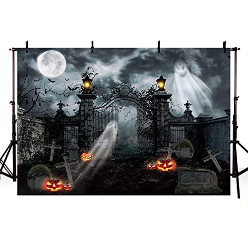 MEHOFOND 7x5ft Halloween Haunted Graveyard Photography Backdrop Gothic Night Ghost Lantern Spooky Terror Desolate Cemetery Gate Mist Background Horror Party Banner Decorations Kid Shoot Booth Props