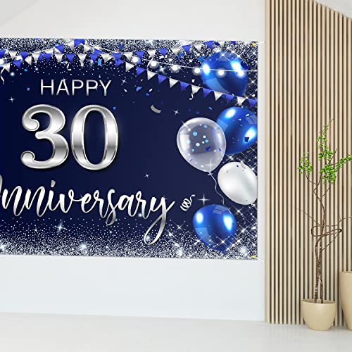 Happy 30th Anniversary Backdrop Banner Decor Navy Blue – Silver Glitter Happy 30 Years Wedding Anniversary Party Theme Decorations for Women Men Supplies