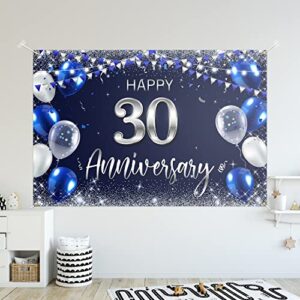 Happy 30th Anniversary Backdrop Banner Decor Navy Blue – Silver Glitter Happy 30 Years Wedding Anniversary Party Theme Decorations for Women Men Supplies