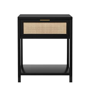 Anmytek 24" H Wood Nightstand, Mid-Century Modern End Table with Storage Drawer and Open Shelf Rattan Bedside Table Small Side Table for Living Room Bedroom, Black, H0020