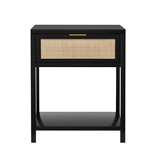 Anmytek 24" H Wood Nightstand, Mid-Century Modern End Table with Storage Drawer and Open Shelf Rattan Bedside Table Small Side Table for Living Room Bedroom, Black, H0020