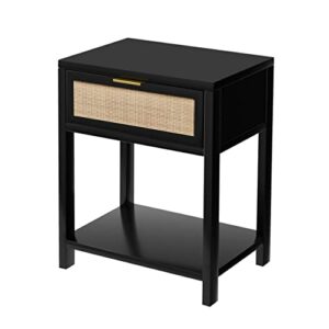 Anmytek 24" H Wood Nightstand, Mid-Century Modern End Table with Storage Drawer and Open Shelf Rattan Bedside Table Small Side Table for Living Room Bedroom, Black, H0020