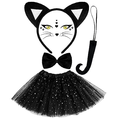 Newcotte 5 Pcs Black Cat Costume Set Cat Ears Tail Bowtie Sequined Tutu and Cat Face Sticker for Kids Halloween Dress up (Black)