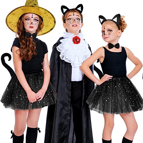 Newcotte 5 Pcs Black Cat Costume Set Cat Ears Tail Bowtie Sequined Tutu and Cat Face Sticker for Kids Halloween Dress up (Black)