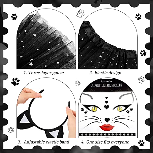 Newcotte 5 Pcs Black Cat Costume Set Cat Ears Tail Bowtie Sequined Tutu and Cat Face Sticker for Kids Halloween Dress up (Black)