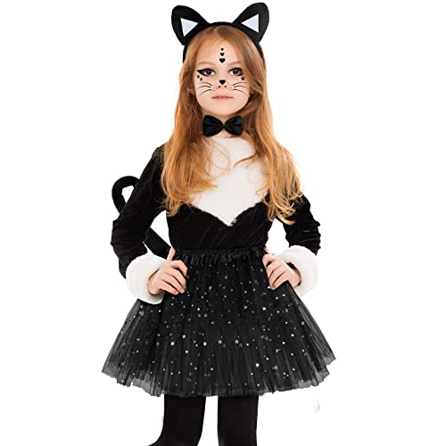 Newcotte 5 Pcs Black Cat Costume Set Cat Ears Tail Bowtie Sequined Tutu and Cat Face Sticker for Kids Halloween Dress up (Black)