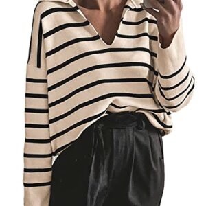 CFLONGE Women's Fall Winter Casual Breton Striped Long Sleeve Polo V Neck Pullover Sweater Loose Fit Drop Shoulder Knitted Shirts Tops(Small,Apricot)