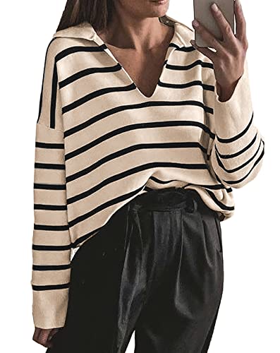 CFLONGE Women's Fall Winter Casual Breton Striped Long Sleeve Polo V Neck Pullover Sweater Loose Fit Drop Shoulder Knitted Shirts Tops(Small,Apricot)